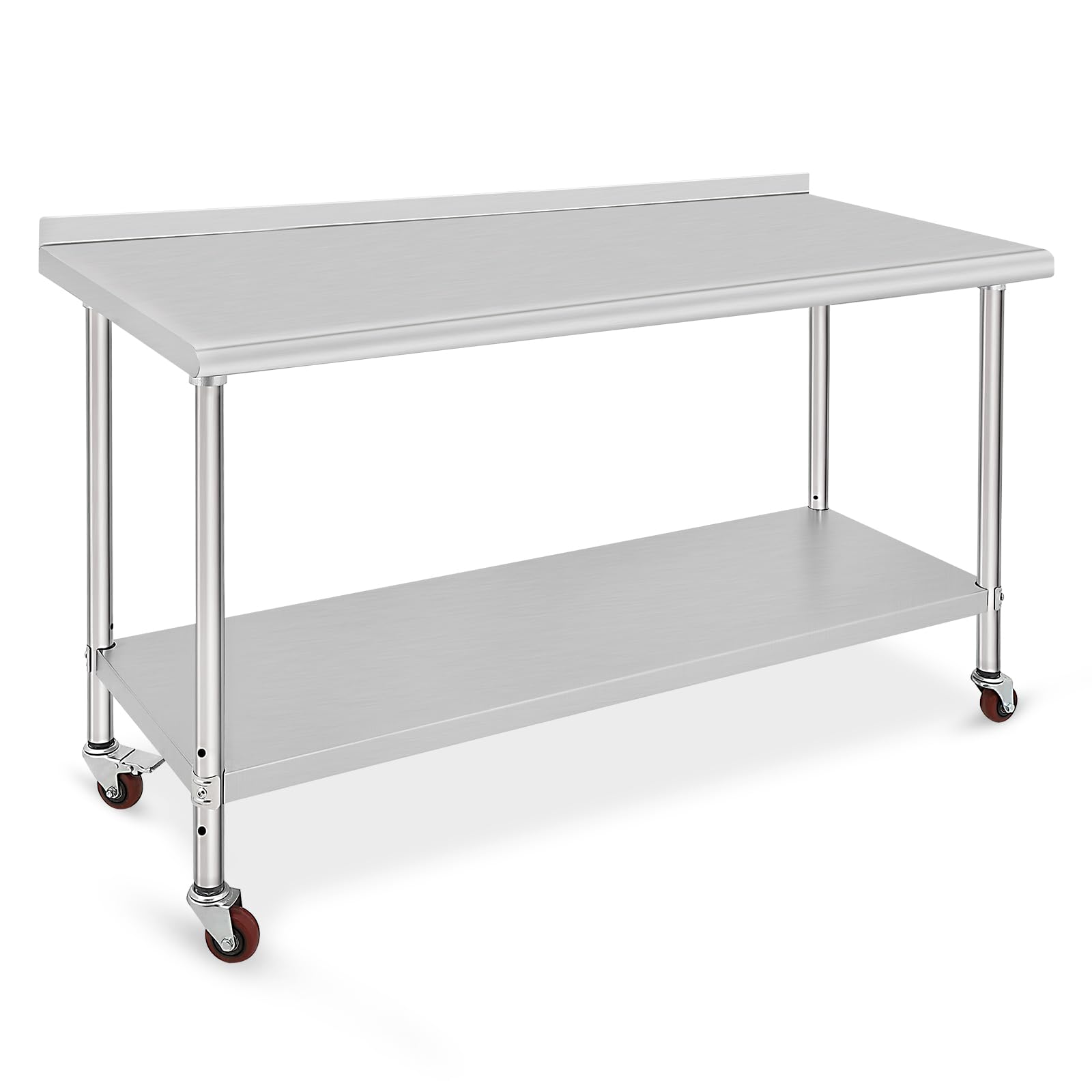 TrailBlaze Stainless Steel Work Table, 60x24x35 In Metal Trolley Heavy Duty Double Tier Worktable With Casters Backsplash, Food Prep Stainless Steel Table for Kitchen Restaurant Commercial Workstation