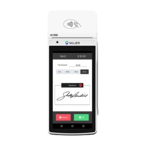 valor paytech vl550 pos android terminal | intuitive 5.5” touchscreen design with pci pts 6.x certified, 2600mah battery, wi-fi/4g/5g connectivity, dual pricing, and real-time inventory management