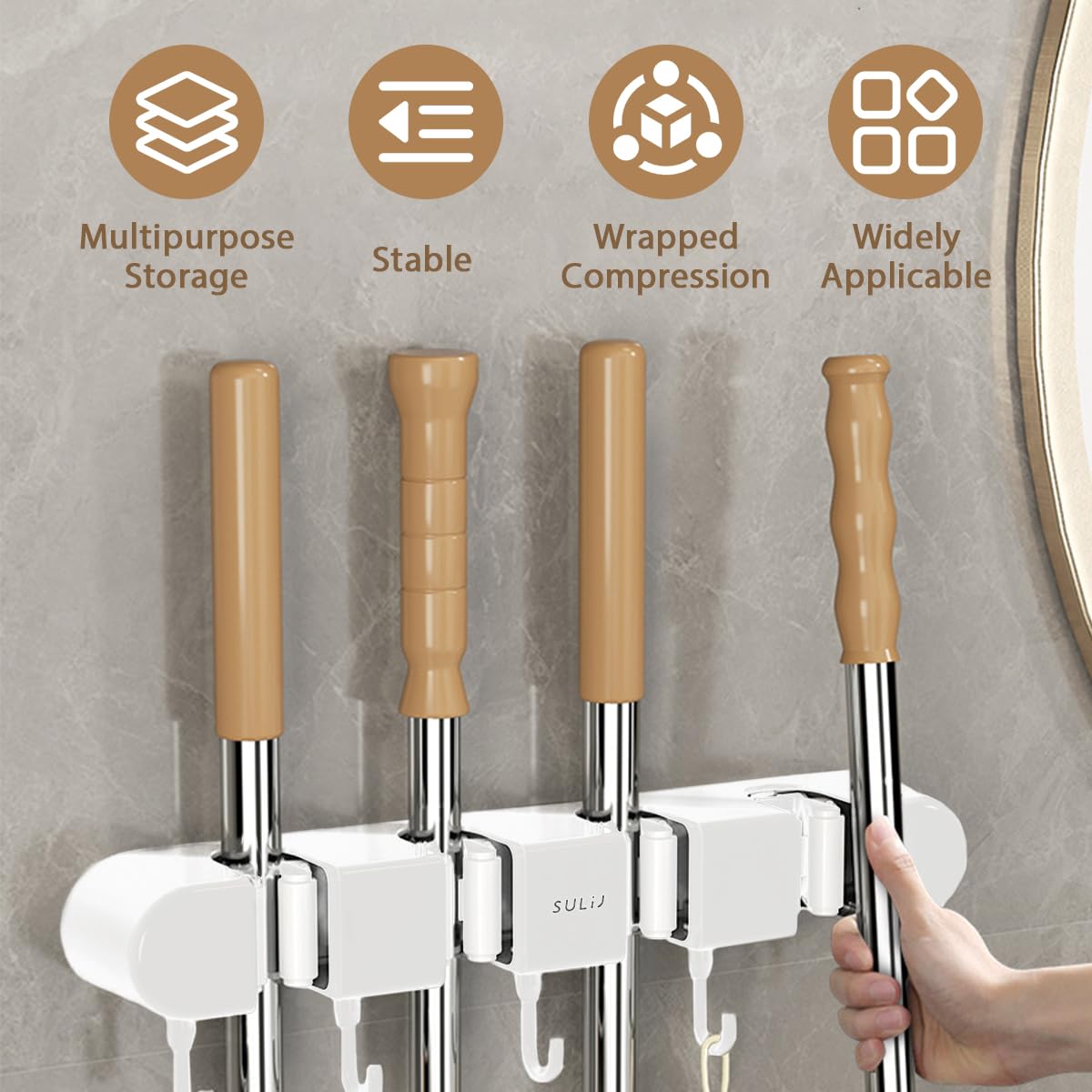 kaimenhong 3Pcs Mop Holder with Hooks, Mop and Broom Organizer, Punch Free Mop and Broom Holder Wall Mount Broom Rack, Broom Hanger for Laundry Room, Garage Organization, Easy to Install