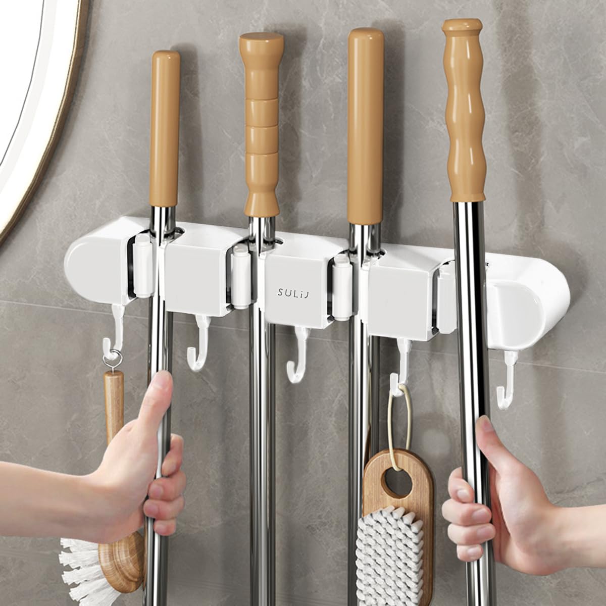 ZLHETWT Broom Holder, Mop Holder, Mop and Broom Organizer, 4Pcs Broom Holder Punch Free Mop Hanger Wall Mounted Mop Holder with 5 Hooks Effective Broom Gripper for Home