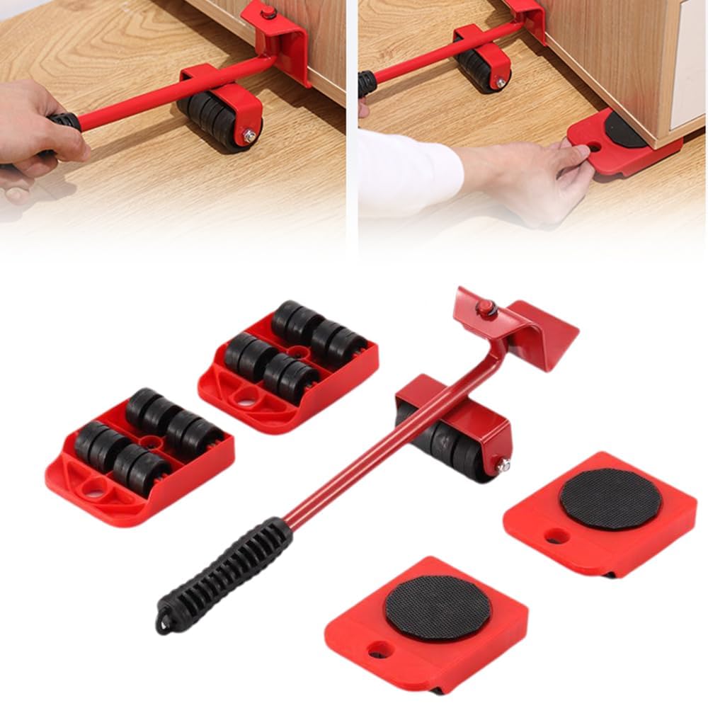 Furniture Lift Mover Tool Set with Adjustable Height Lifting Tool Lever & 4 Wheels, 2024 New Furniture Mover Dolly Furniture Lifter Moving Sliders for Moving Heavy Furniture (Red)