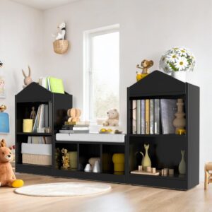 MHOM 68.9“ Kids Bookshelf with Reading Nook, Toy Storage Organizer with Seat Cushion and 7 Storage Cubbies, Wooden Kids Bookcase, Toy Organizers and Storage for Nursery, Playroom, Black