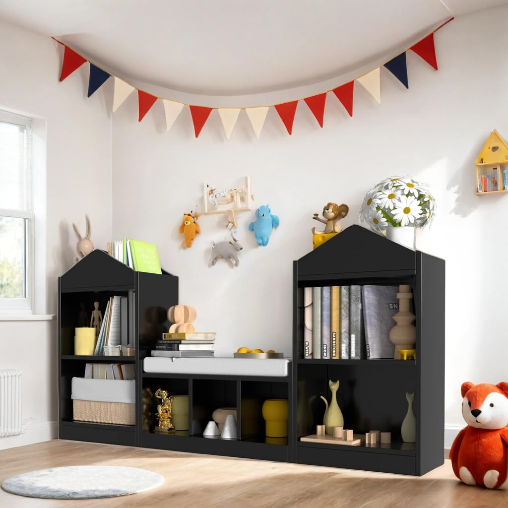 MHOM 68.9“ Kids Bookshelf with Reading Nook, Toy Storage Organizer with Seat Cushion and 7 Storage Cubbies, Wooden Kids Bookcase, Toy Organizers and Storage for Nursery, Playroom, Black