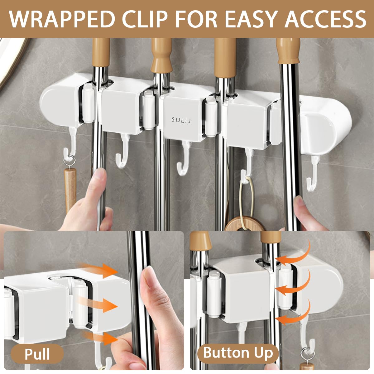 ZLHETWT Broom Holder, Mop Holder, Mop and Broom Organizer, 4Pcs Broom Holder Punch Free Mop Hanger Wall Mounted Mop Holder with 5 Hooks Effective Broom Gripper for Home