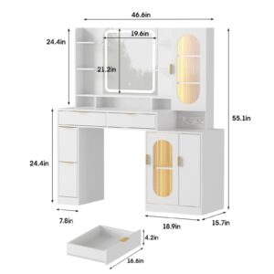 Vabches Vanity Desk with Lighted Mirror & Power Strip,Makeup Vanity with 5 Drawers & 6 Storage Shelves,White Vanity Table with RGB Glass Cabinet,46.6" W Large Dressing Table for Bedroom