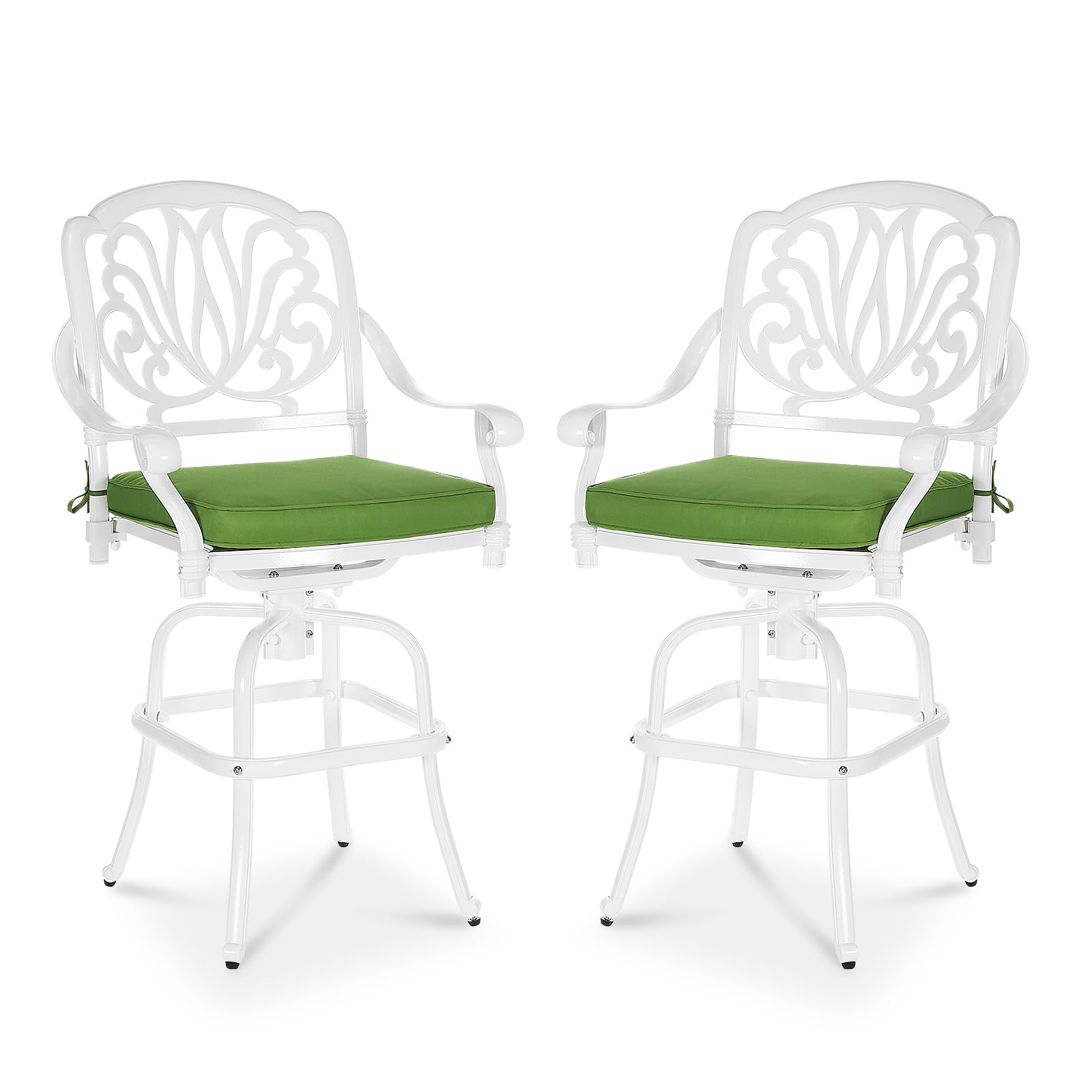 MEETWARM 2 Piece Outdoor Patio Swivel Bar Stools, All-Weather Cast Aluminum Bar Height Bistro Chairs, Outdoor Furniture Bar Dining Chair Set with Cushions for Garden Deck Backyard, White