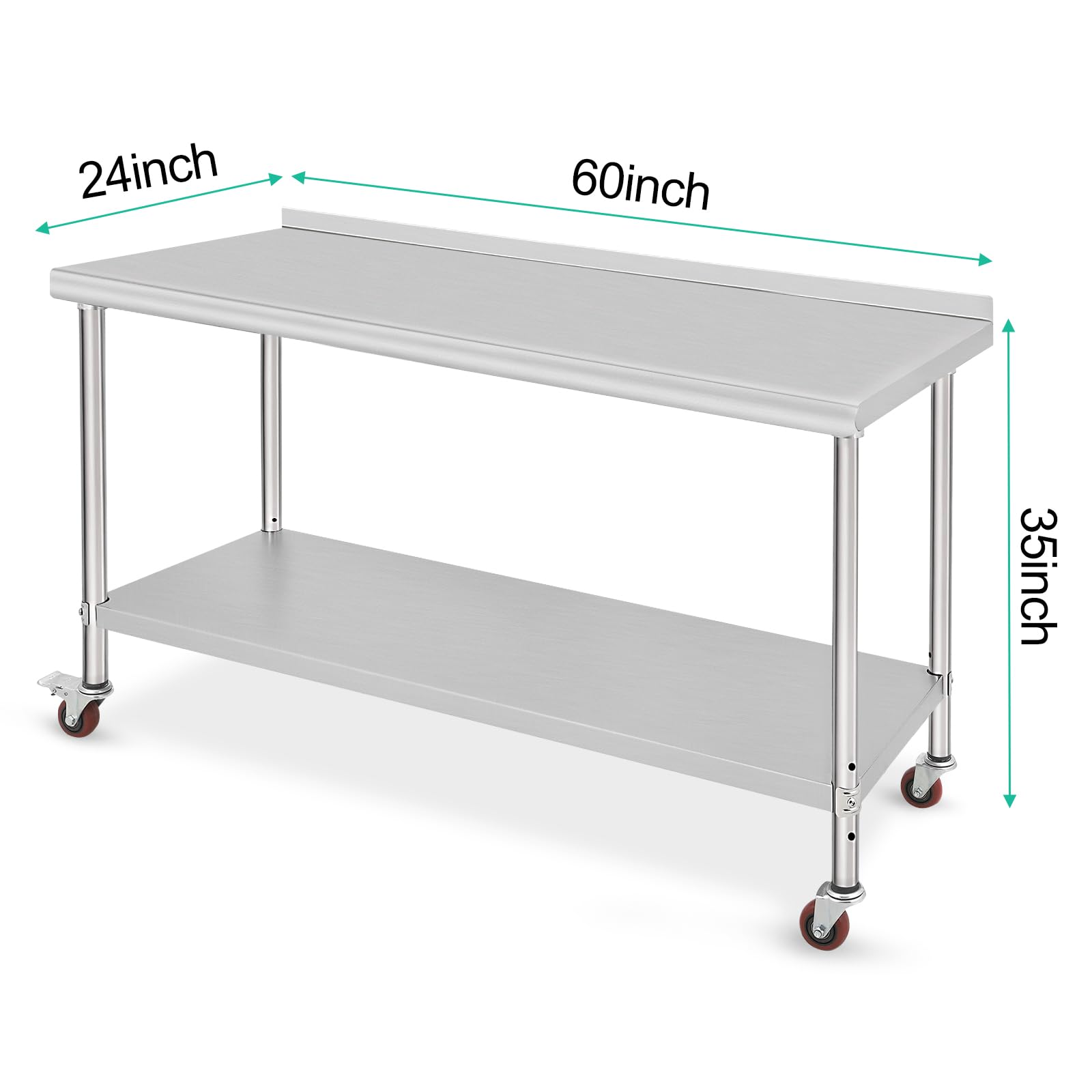 TrailBlaze Stainless Steel Work Table, 60x24x35 In Metal Trolley Heavy Duty Double Tier Worktable With Casters Backsplash, Food Prep Stainless Steel Table for Kitchen Restaurant Commercial Workstation