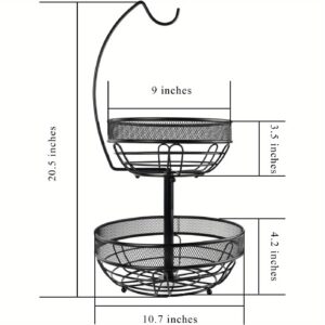 Fruit Basket with Banana Hanger,2-Tier Fruit Basket,Large 2-Tier Fruit Basket for Kitchen,Sturdy Metal Fruit Basket for Kitchen Counter,Elegant Fruit and Vegetable Basket (Black)