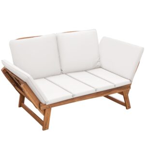 devoko outdoor couch acacia wood patio couch with adjustable armrests,outdoor convertible sofa with removable cushions&pillows for patio, porch, poolside(white)