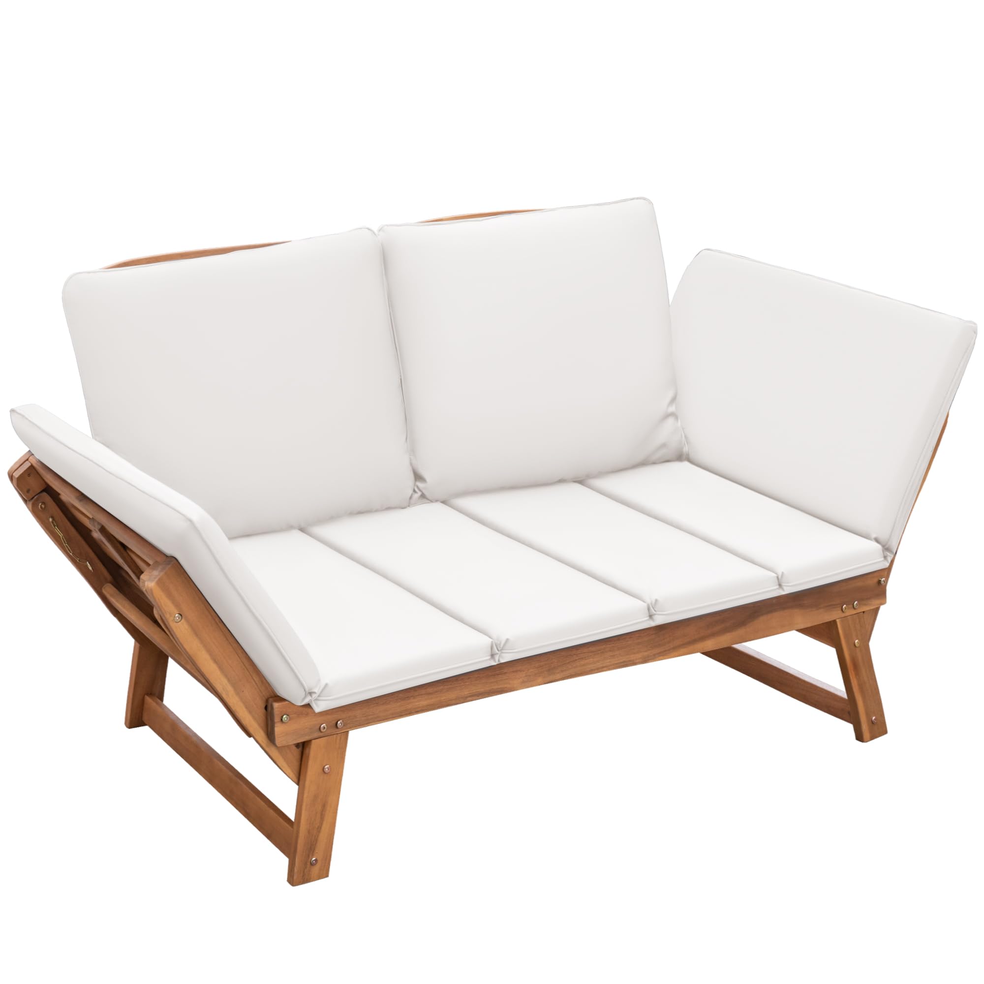 Devoko Outdoor Couch Acacia Wood Patio Couch with Adjustable Armrests,Outdoor Convertible Sofa with Removable Cushions&Pillows for Patio, Porch, Poolside(White)