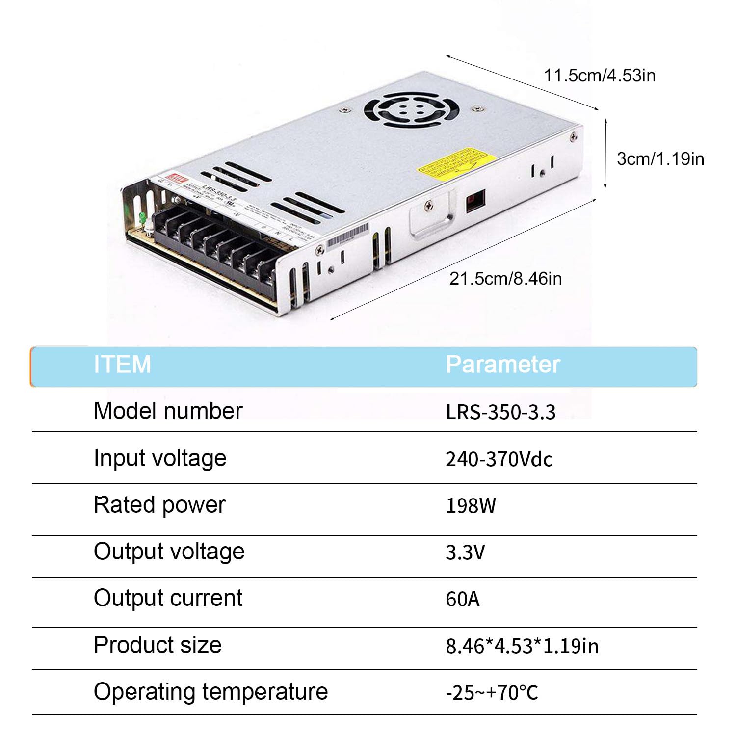 DrapeMania LRS-350-3.3 198W 3.3V 60A Industrial Power Supply, 90-264VAC Wide Input, 79.5% Efficiency, <0.75W No-Load Power Consumption, UL/CE/TUV Certified, Reliable for Automation & Instrumentation