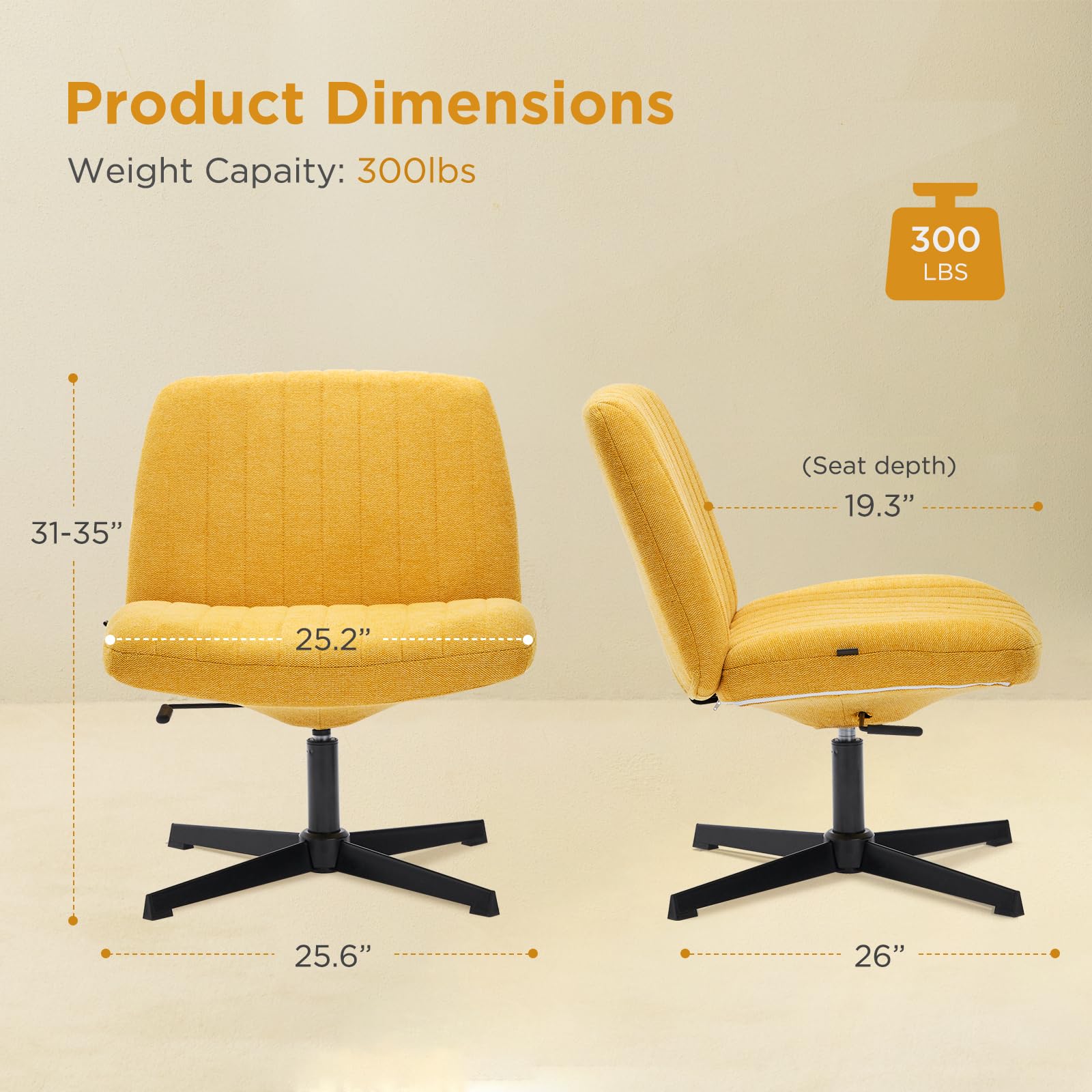 Nouhaus Linechair Criss Cross Chair, Armless Cross Legged Office Chair No Wheels, Adjustable Wide Seat Swivel Vanity Chair Computer Task Chair (Yellow)