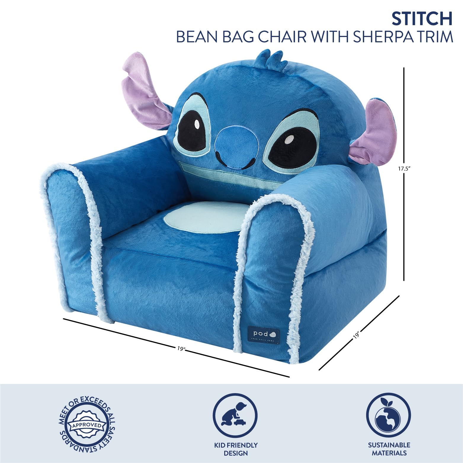 Idea Nuova Disney Stitch Figural Soft and Comfortable Structured Bean Bag Sofa Chair for Kids with Armrests,Ages 3+