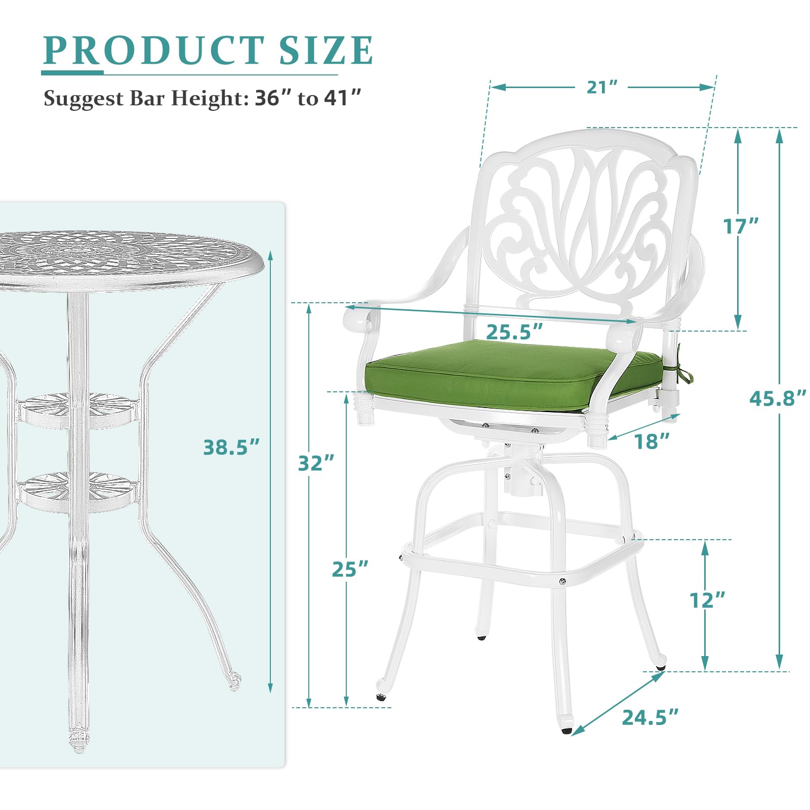 MEETWARM 2 Piece Outdoor Patio Swivel Bar Stools, All-Weather Cast Aluminum Bar Height Bistro Chairs, Outdoor Furniture Bar Dining Chair Set with Cushions for Garden Deck Backyard, White