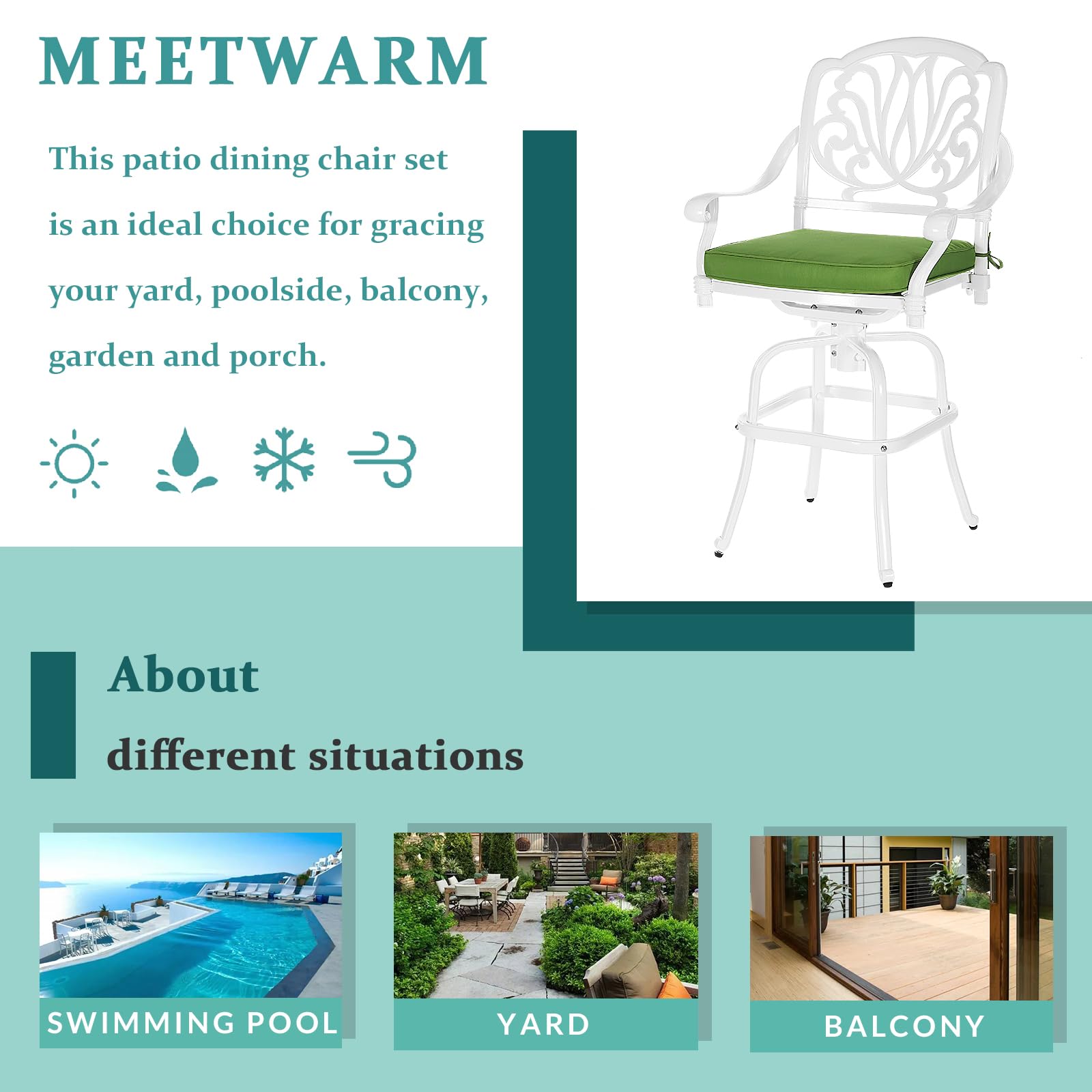 MEETWARM 2 Piece Outdoor Patio Swivel Bar Stools, All-Weather Cast Aluminum Bar Height Bistro Chairs, Outdoor Furniture Bar Dining Chair Set with Cushions for Garden Deck Backyard, White