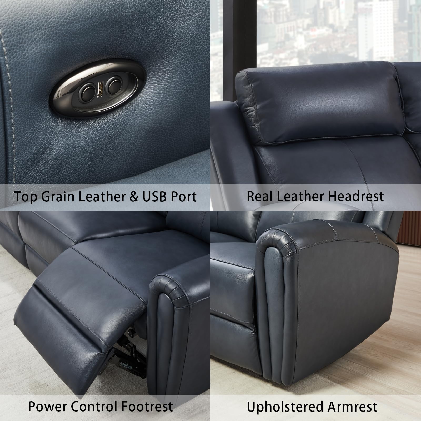 THSUPER Power Genuine Leather Reclining Loveseat, Modern Real Leather Double Recliner Loveseat, Top Grain Leather Recliner with USB Port and Ergonomic High Backrest, Blue