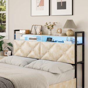 OtterOasis Headboard Queen Size with 2-Tier Open Space and Pull-Out Hidden Storage, Upholstered Headboard with Charging Station, Height Adjustable Sturdy Queen Bed Head Only, Easy Assembly, Ivory