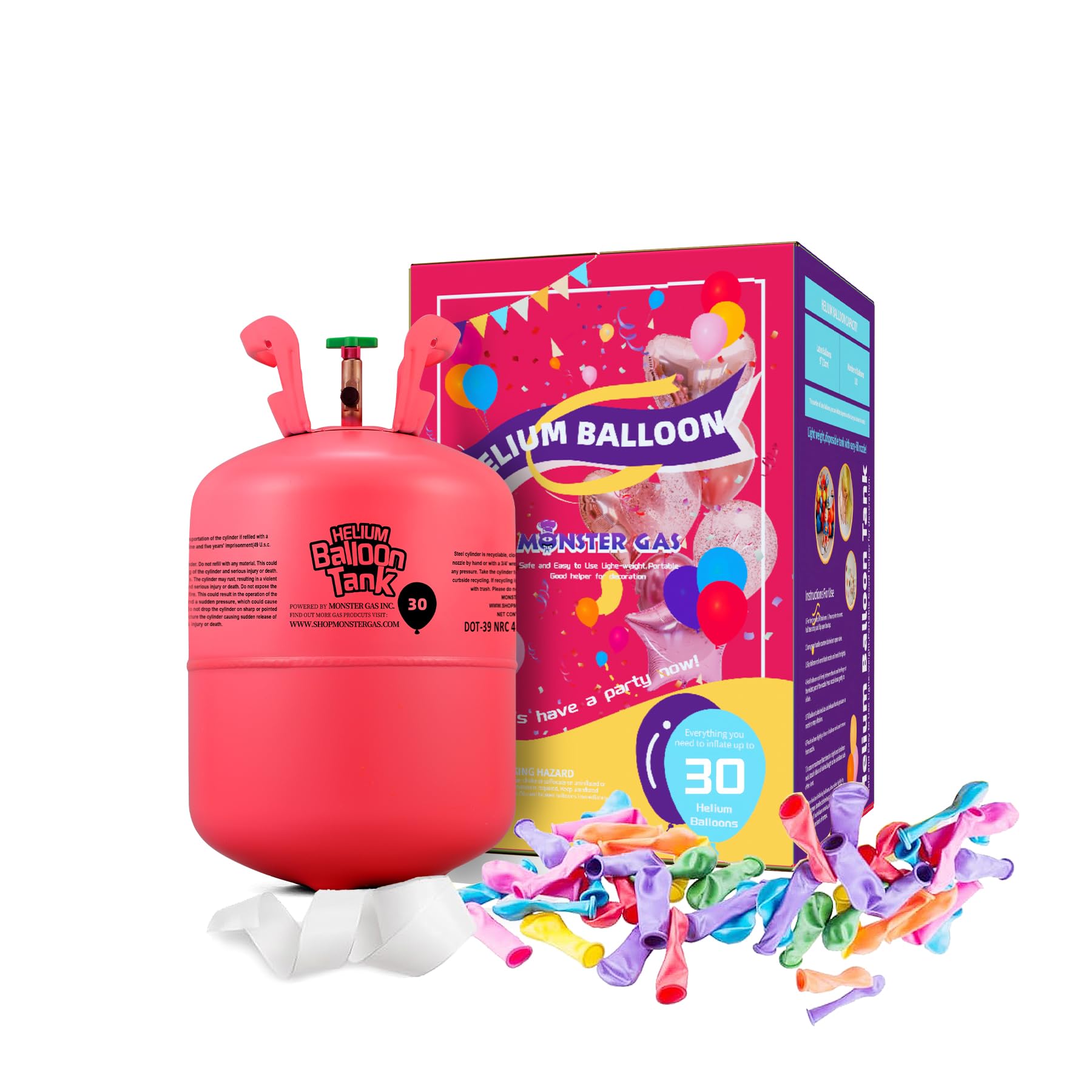 Monster Gas 7L Helium Tank For Balloons At Home, Balloon Helium Tank Up To 30 Latex Balloons, Small Helium Tanks, Attachment: 50 9" Latex Balloons+3 White Ribbon