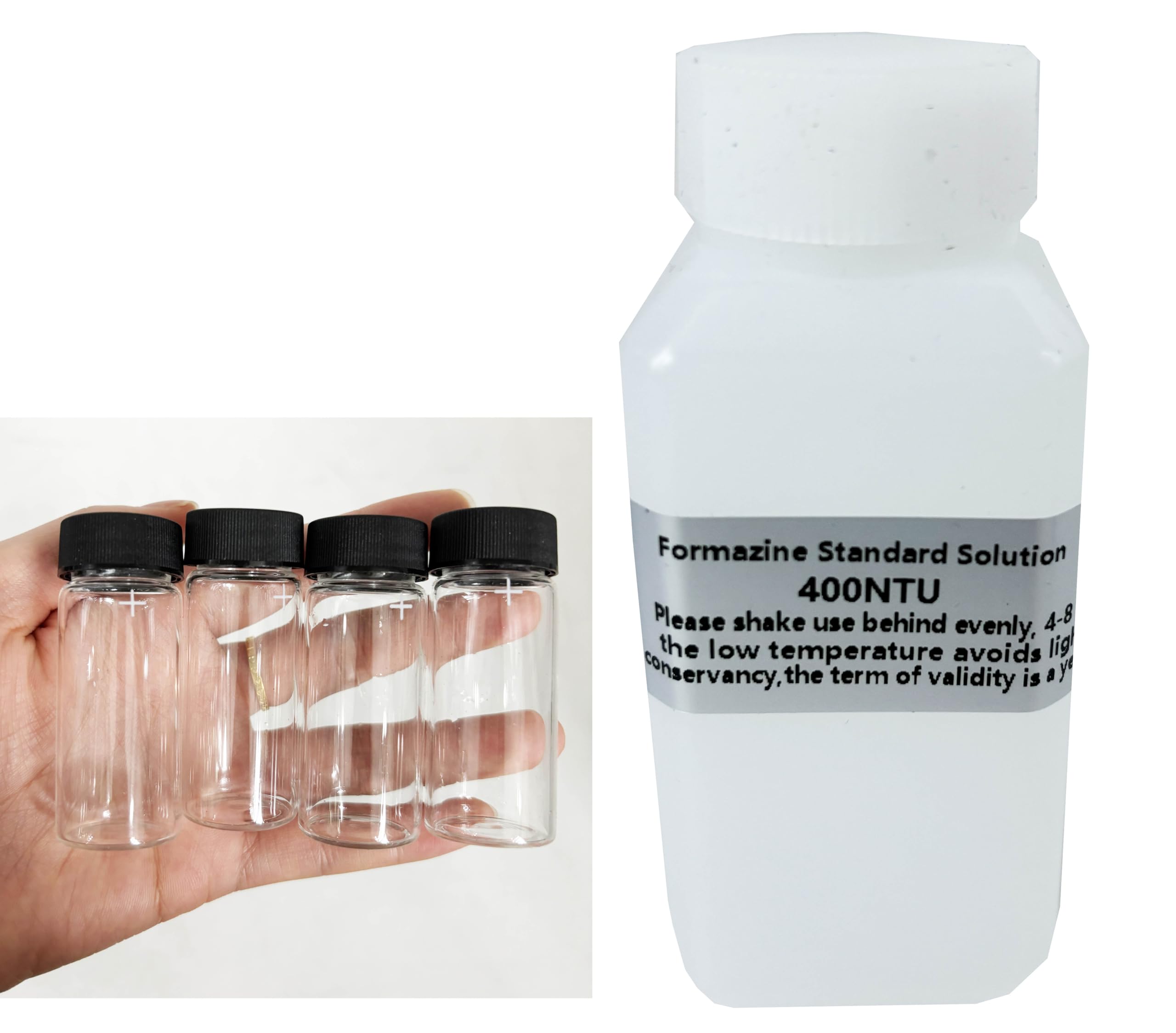 HFBTE Turbidity Calibration Solution 400NTU 100ml And Four EMPTY 25*60mm Glass Sample Bottles Fast Delivery for Calibrating SGZ-200BS SGZ-200B SGZ-20B SGZ-50B SGZ-400B Turbidimeters Turbidity Meters