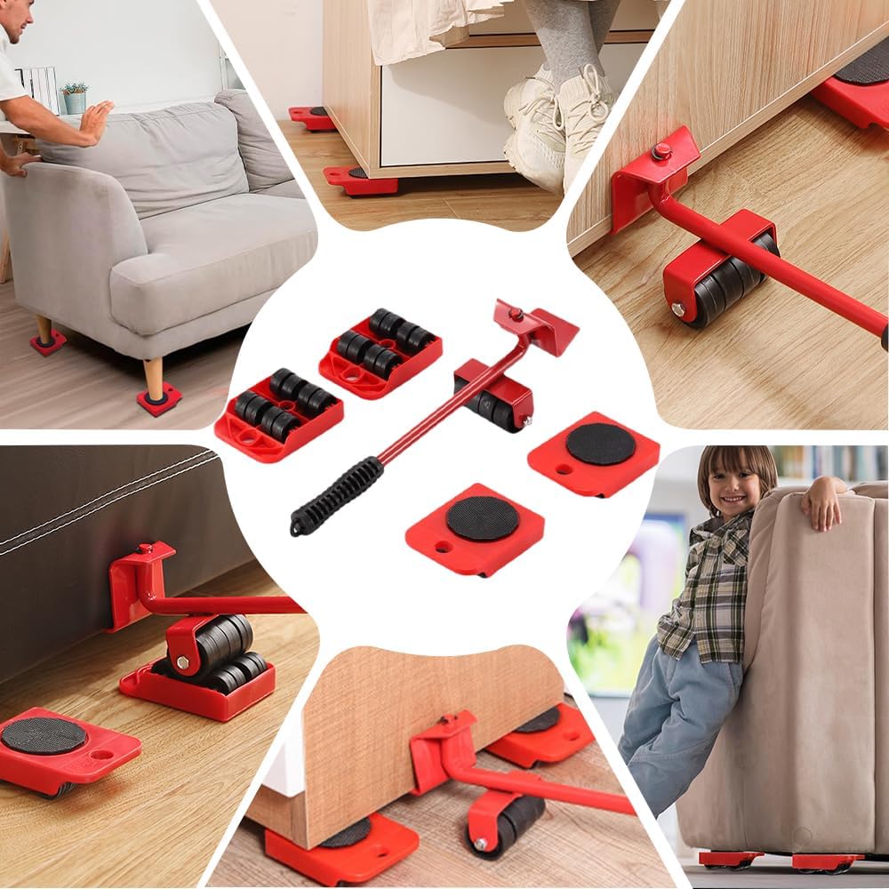 Furniture Lift Mover Tool Set with Adjustable Height Lifting Tool Lever & 4 Wheels, 2024 New Furniture Mover Dolly Furniture Lifter Moving Sliders for Moving Heavy Furniture (Red)