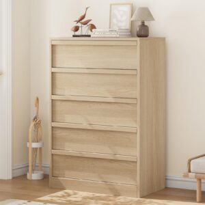 garveehome 5 drawer dresser for bedroom, modern 5 chest of drawers tall with spacious storage, freestanding dresser organizer for bedroom, living room, natural oak