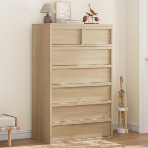 garveehome 7 drawer dresser for bedroom, modern 7 chest of drawers tall with spacious storage, freestanding dresser organizer for bedroom, living room, natural oak