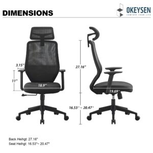 Okeysen Ergonomic Office Chair, High Back Mesh Home Office Desk Chair with S-Shaped Back Support, Swivel Computer Task Chair with Adjustable 2D Headrest, Gaming Chair for Home Office.