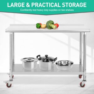 TrailBlaze Stainless Steel Work Table, 60x24x35 In Metal Trolley Heavy Duty Double Tier Worktable With Casters Backsplash, Food Prep Stainless Steel Table for Kitchen Restaurant Commercial Workstation