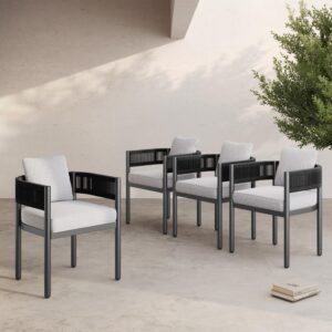 grand patio outdoor dining chairs set of 4, 4 pieces patio dining chairs, grey metal black woven wicker fixed patio chairs with grey cushions for backyard, deck, garden, porch, lawn and poolside