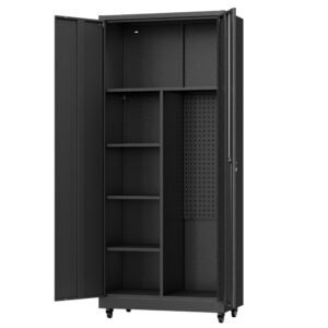 metal garage storage cabinet with wheels,rolling tool storage cabinet with lock,steel locking cabinet with locking doors and adjustable shelves,tall storage cabinet for office home,garage,shop-black