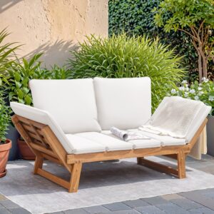 Devoko Outdoor Couch Acacia Wood Patio Couch with Adjustable Armrests,Outdoor Convertible Sofa with Removable Cushions&Pillows for Patio, Porch, Poolside(White)