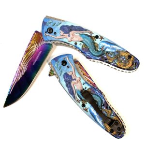 mermaid dolphins rainbow folding pocket knife 8" over all. christmas gift collection glm048 rb