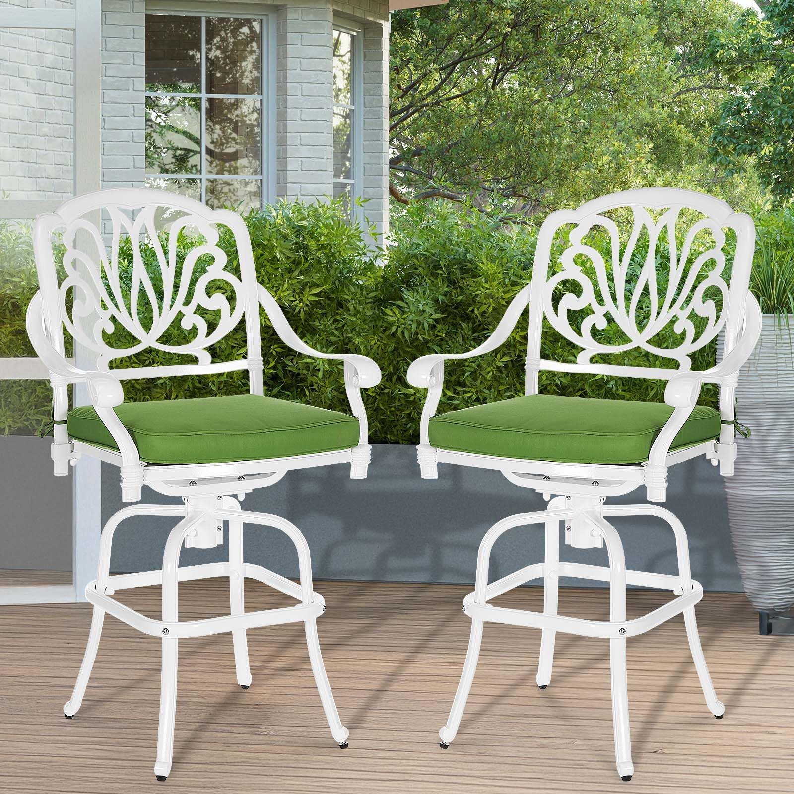 MEETWARM 2 Piece Outdoor Patio Swivel Bar Stools, All-Weather Cast Aluminum Bar Height Bistro Chairs, Outdoor Furniture Bar Dining Chair Set with Cushions for Garden Deck Backyard, White