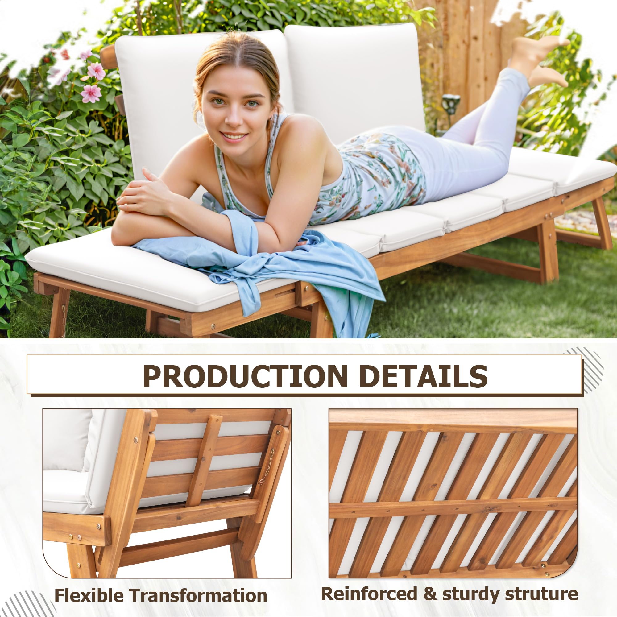 Devoko Outdoor Couch Acacia Wood Patio Couch with Adjustable Armrests,Outdoor Convertible Sofa with Removable Cushions&Pillows for Patio, Porch, Poolside(White)