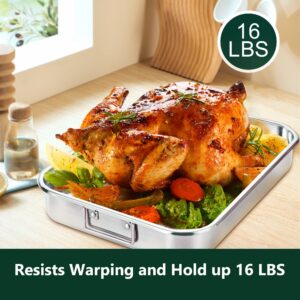 Stainless Steel Roaster with Flat Rack & Parchment Paper, 16.2 x 12.2 x 3 inches - Ideal Roasting Pan for Whole Turkey, Roasts, or Multiple Sides