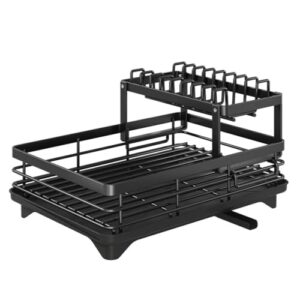 Dish Drying Rack, Dish Racks for Kitchen Counter, Kitchen Organizers and Storage Rack with Drainboard and Cutlery Holder (Black,Double-Layer Standard Version)