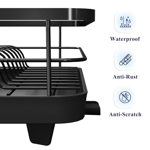 Dish Drying Rack, Dish Racks for Kitchen Counter, Kitchen Organizers and Storage Rack with Drainboard and Cutlery Holder (Black,Double-Layer Standard Version)