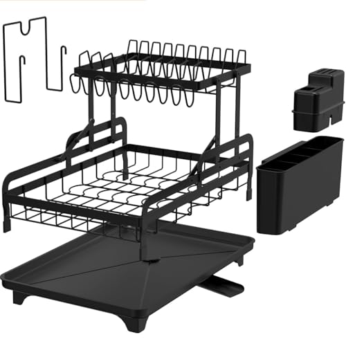 Dish Drying Rack, Dish Racks for Kitchen Counter, Kitchen Organizers and Storage Rack with Drainboard and Cutlery Holder (Black,Double-Layer Standard Version)