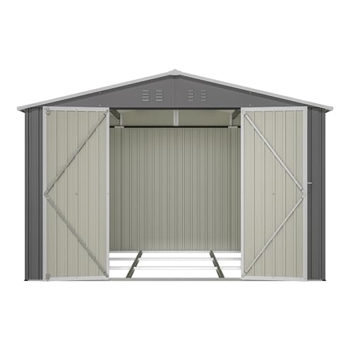 YOPTO 10×10 FT Outdoor Storage Shed,Metal Aluminum Waterproof Tool Sheds with Foundation,Doors & Vents,Heavy-Duty Sheds Unit W/Lock & Key,for Storing Bicycles,Lawnmowers,Barbeques,Gray