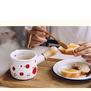 Enamel Coffee Milk Pot Wood Handle Pan Cookware Breakfast Oatmeal Cooking Gas Stove Induction Pan