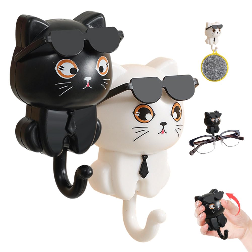 Cute Cat Key Hook, Cartoon Cat Creative Gravity Hook with Sunglasses, Adhesive Coat Hooks for Wall Decorative, Wall Mounted Hook for Hanging Bag, Scarf, Hat (Black+White)