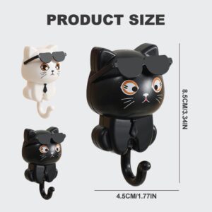 Cute Cat Key Hook, Cartoon Cat Creative Gravity Hook with Sunglasses, Adhesive Coat Hooks for Wall Decorative, Wall Mounted Hook for Hanging Bag, Scarf, Hat (Black+White)