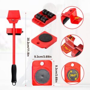 Furniture Lift Mover Tool Set, Furniture Movers with Adjustable Height Lifting Tool Lever & 4 Wheels, Furniture Lifter Moving Sliders for Moving Heavy Furniture, Refrigerator, Sofa, Cabinet (Red)