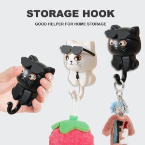 Cute Cat Key Hook, Cartoon Cat Creative Gravity Hook with Sunglasses, Adhesive Coat Hooks for Wall Decorative, Wall Mounted Hook for Hanging Bag, Scarf, Hat (Black+White)