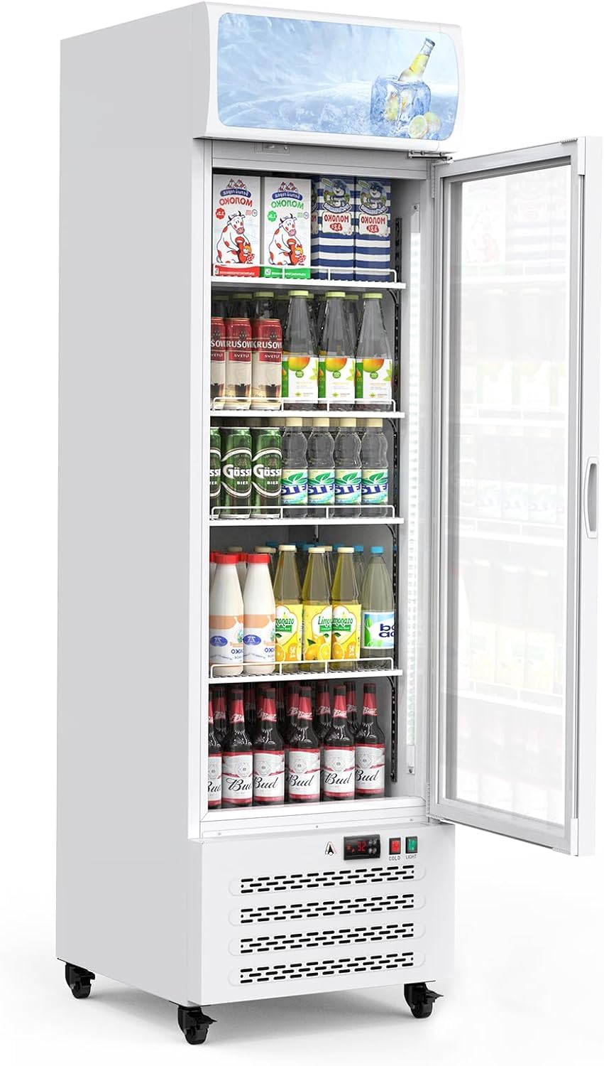 ExploreHorizon Commercial Display Beverage Fridge with Glass Door Display Refrigerator Drink Cooler Case Fridge 11.3 Cu.Ft/320L Merchandiser Refrigerators with 4 Adjustable Shelves Lightbox, White