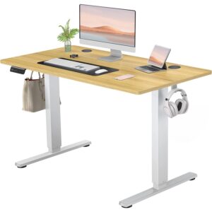 smug standing desk, adjustable height electric sit stand up down computer table, 48x24 inch ergonomic rising desks for work office home, modern lift motorized gaming desktop workstation, maple