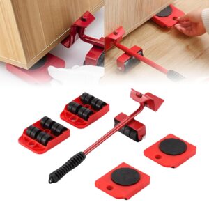 furniture lift mover tool set, furniture movers with adjustable height lifting tool lever & 4 wheels, furniture lifter moving sliders for moving heavy furniture, refrigerator, sofa, cabinet (red)