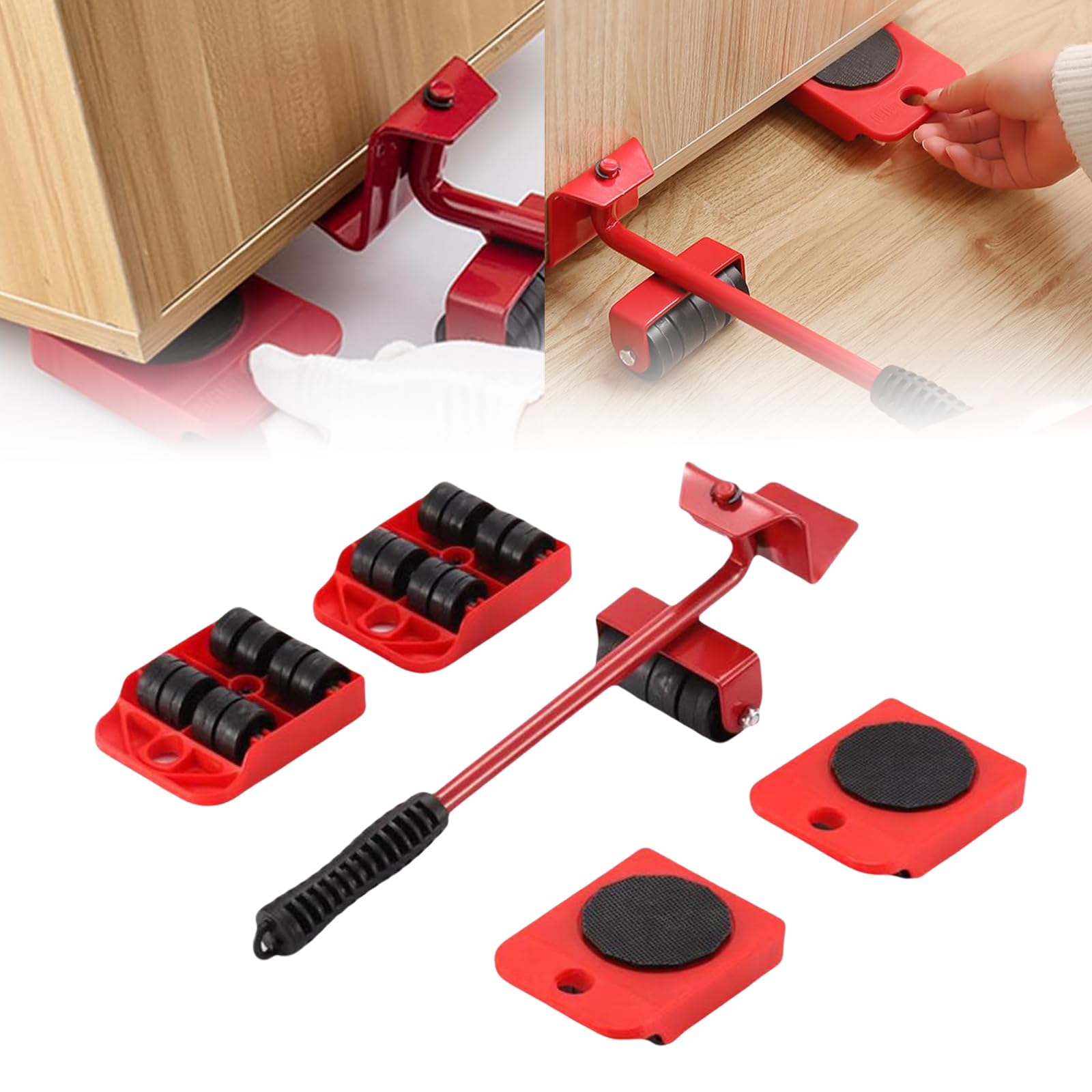 Furniture Lift Mover Tool Set, Furniture Movers with Adjustable Height Lifting Tool Lever & 4 Wheels, Furniture Lifter Moving Sliders for Moving Heavy Furniture, Refrigerator, Sofa, Cabinet (Red)