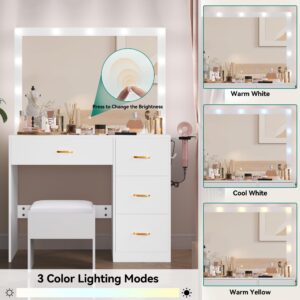 YITAHOME Vanity Desk with Large Mirror, 11 Light Bulbs, Power Outlet, 3 Lighting Modes, 4 Drawers, and Cushioned Stool for Bedroom