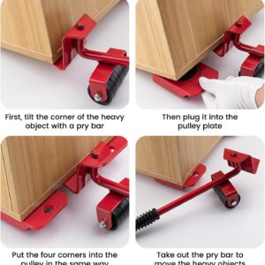 Furniture Lift Mover Tool Set, Furniture Movers with Adjustable Height Lifting Tool Lever & 4 Wheels, Furniture Lifter Moving Sliders for Moving Heavy Furniture, Refrigerator, Sofa, Cabinet (Red)